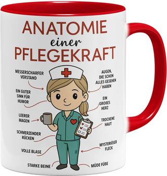 OM3 Anatomie einer Pflegekraft Kaffee-Tasse mit Spruch - Dankesch&ouml;n f&uuml;r Krankenschwester, Pflegerin & Altenpflegerin - Keramik Becher - 325ml - Beidseitig