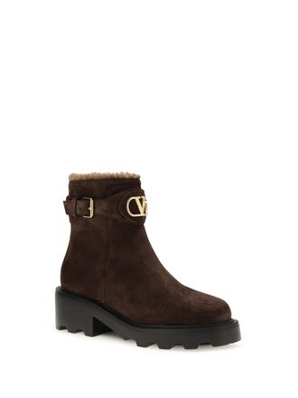 Valentino Garavani Womens Vlogo Signature Leather Ankle Boots Ebony Brown-Cammello Brown/cammello