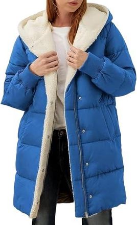 Generic Parka dhiver surdimensionn&eacute;e doubl&eacute;e Sherpa pour femme - Parka matelass&eacute;e en polaire chaude avec fermeture &eacute;clair - Avec capuche, bleu, XL