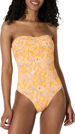 Amazon Essentials Damen Einteiliger Bandeau-Badeanzug, Gelb Mehrfarbig Folk-Blumenmuster, 40