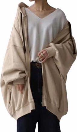 Minetom Sweat à Capuche Femme Casual Zippé Hoodies Sweatshirt Pulls Oversize Manches Longues Manteau Long Veste Beige XXL