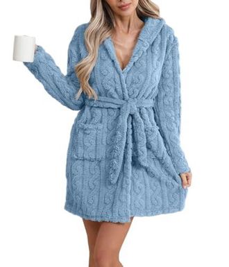 Generic Peignoir court en polaire pour femme avec capuche, bleu, XS