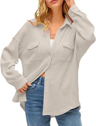 Generic Vestes pour femmes 2026 en velours c&ocirc;tel&eacute;, chemisiers boutonn&eacute;s, manches longues, hauts &agrave; manches longues, blanc, XXL