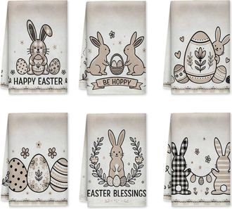 Generic Hasen-K&uuml;chent&uuml;cher, Set mit 6 St&uuml;ck, ausgefallene Ostereier, Blumen, Ostern, Beige, saugf&auml;hig, weich, Geschirrt&uuml;cher f&uuml;r K&uuml;che, Trocknen, Landhausdeko