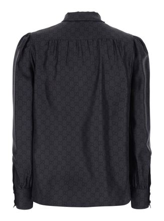 Gucci Womens Silk Shirt With Knot Bow And Gg Print Black Blouses