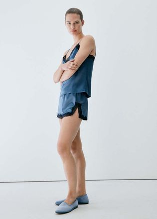 Mango Haut en soie et dentelle contrast&eacute;e bleu - Femme - S - MANGO