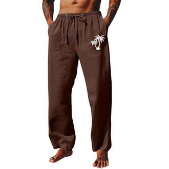 Generic Pantalon de plage pour homme en lin imprim&eacute; cocotier - Taille &eacute;lastique - Cordon de serrage - Jambe droite - Coupe ample - Couleur unie - Pantalon de 