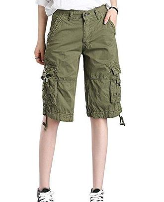 Minetom Femme Short Loose Bermuda Eté Multi Poches Confortable Shorts Cargo Yoga Plage Grande Taille Casual Genou Longueur Pantalon Capris Armée Verte Medium