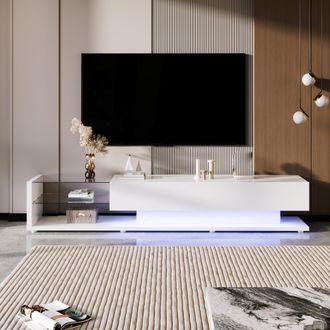 Generic TV-Lowboard mit Hochglanzfront und Glaselementen, modernes Wohnzimmermöbel im natürlichen Stil mit Schubladen und Glasablagen - Elegantes Design für s