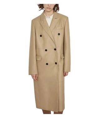 Generic Trench en peau de mouton v&eacute;ritable pour femme - Veste longue en cuir kaki &agrave; revers crant&eacute; dautomne &agrave; double boutonnage, kaki, M