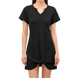 Generic Robe en tricot pour femme avec col en V, manches courtes, coupe d&eacute;contract&eacute;e et cordon de serrage sur le devant, robes serr&eacute;es pour femme, Noir, XXL
