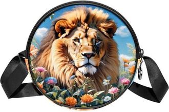 Generic Petit sac &agrave; bandouli&egrave;re circulaire pour femme, motif fleur de lion, sac &agrave; dos avec fermeture &eacute;clair, bretelles r&eacute;glables, sac &agrave; main rond d&eacute;contract&eacute; 