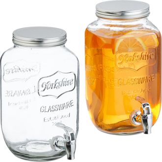 Relaxdays Getränkespender 2er Set, Limobehälter 3,5L, Zapfhahn und Deckel, Wasserspender, Glas & Kunststoff transparent