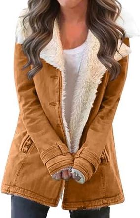 Generic Veste dhiver chaude en polaire Sherpa doubl&eacute;e de grande taille avec revers boutonn&eacute;, manteau dext&eacute;rieur en composite tendance pour femme, kaki, XXL
