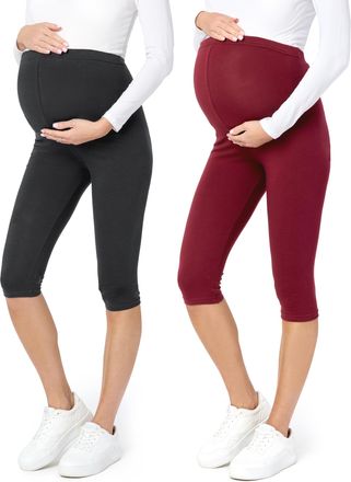 Be Mammy 3/4 Umstandsleggings Kurz aus Baumwolle Bequeme und blickdichte Schwangerschaftsleggings 2Pack Umstandsmode BE20-229 (2Pack Schwarz/Weinrot, XL)
