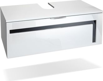 Vladon Waschtisch Waschbecken Unterschrank Aloha V2, Made in Germany, Korpus in Weiß matt/Fronten in Weiß Hochglanz mit Absetzungen in Schwarz Hochglanz