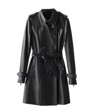 Generic Trench-coat en daim pour femme - Veste classique &agrave; double boutonnage coupe ajust&eacute;e mi-longue en peau de mouton, 4, S