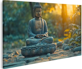 Islandburner Prime Bild auf Leinwand f&uuml;r Yogis: Buddha im Sonnenuntergangswald - Wohnzimmer Wandbild Bilder Wandbilder Poster