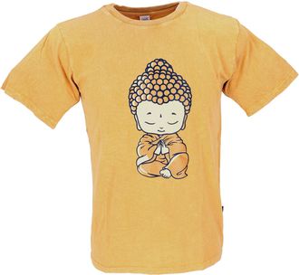 Guru Shop Tibet & Buddhist Art T-Shirt, Little Buddha Stonewash T-Shirt - Gelb, Herren, Baumwolle, Size:XL