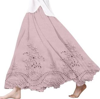 Generic Grande jupe avec broderie florale et dentelle pour femme - Jupe longue pour l&eacute;cole de guitare, Rose, 3XL