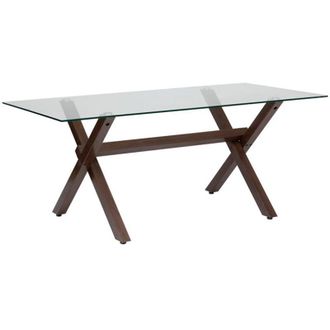 PEGANE Table de repas, table &agrave; manger rectangulaire en verre et pieds en acier effet noyer - Longueur 180 x Profondeur 90 x Hauteur 74,5 cm