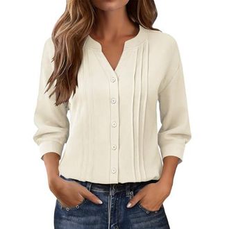 Generic Haut &agrave; manches longues pour femme - D&eacute;contract&eacute; - Col en V - Chemise pliss&eacute;e boutonn&eacute;e - Tenue dautomne quotidienne, beige, XXL