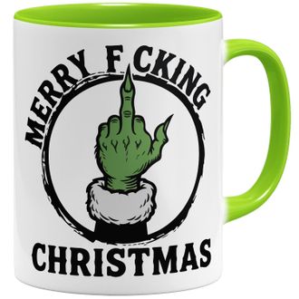 OM3 lustige Merry Fucking Christmas Kaffee-Tasse mit Spruch - Mittelfinger Weihnachten - Keramik Becher - 325ml - Beidseitig Bedruckt - Hellgr&uuml;n
