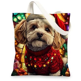 Generic Sac fourre-tout en toile motif chien cavachon de No&euml;l 33 x 38,1 cm, motif chiot en vitrail, sac d&eacute;picerie r&eacute;utilisable pour femme, peinture esth&eacute;tique