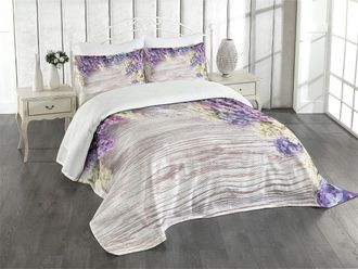 Abakuhaus Rustikal Tagesdecke Set, Flieder blüht Blumenstrauß, Set mit Kissenbezügen Waschbar, für Doppelbetten 264 x 220 cm,Violett Taupe