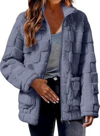 Generic Veste polaire sherpa confortable pour femme - Veste zippée à carreaux - Manteau dhiver chaud en peluche avec poches - Vêtement dextérieur pelucheux po