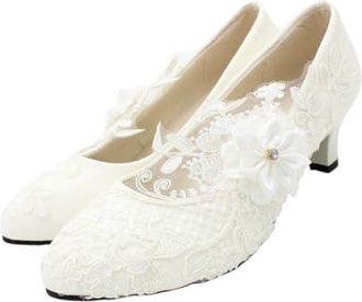 Frcolor Chaussures de Mariage pour Femmes Blanches en Dentelle Talon Carr&eacute; 5 CM Paire &Eacute;l&eacute;gante et Confortable Chaussures de Soir&eacute;e et Banquet &agrave; Lacets Romanti
