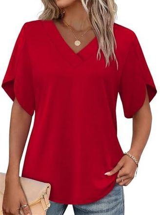 Generic T-shirt d&eacute;t&eacute; &agrave; col en V pour femme, tendance, d&eacute;contract&eacute;, habill&eacute;, &agrave; manches courtes, haut l&eacute;ger, extensible, pour lautomne, Rouge, XXL
