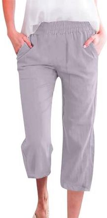 Generic Ydsxlp Pantalon d&eacute;t&eacute; en coton et lin pour femme - Couleur unie - Taille &eacute;lastique - Pantalon capri grande taille - Pantalon ample &agrave; jambe droite - Pan