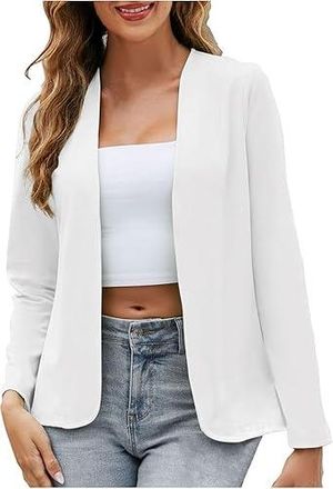 Generic Vestes pour femmes 2026 &agrave; la mode coupe ajust&eacute;e manches longues couleur unie polyvalent cardigan sans col petit costume veste ch&acirc;le d&eacute;contract&eacute;, blanc