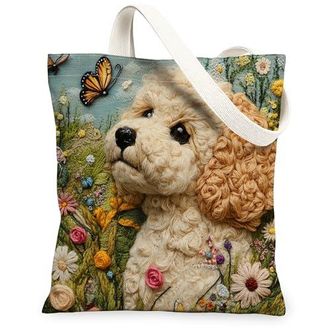 Generic Sac fourre-tout en toile motif chien cavachon printanier 33 x 38,1 cm, sac d&eacute;picerie r&eacute;utilisable &agrave; motif floral fantaisie pour femme, peinture danima