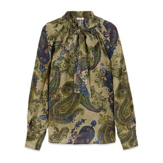 Oltre Blouse &agrave; motif avec &agrave; nouer - Femme - Blouses et Chemises - Vert - Taille: 40 FR