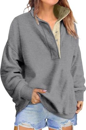 Generic Sweat-shirt d&eacute;contract&eacute; &agrave; boutons pour femme, pull surdimensionn&eacute; &agrave; manches longues, coupe ample, haut dautomne doux, gris, XXL