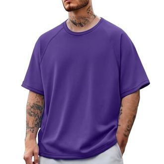 Generico T-shirt &agrave; manches longues pour homme en coton uni avec manches longues, chemise d&eacute;contract&eacute;e vintage poids lourd, violet, XXXL