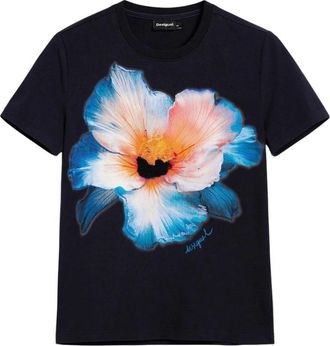 Desigual Femme, Tops, Bleu, Taille: 36 FR Floral Short Sleeve Round Neck T-Shirt