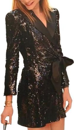 Minetom Femme &Eacute;l&eacute;gante Col en V Manches Longues Robe Paillettes Mini Robe de Soir&eacute;e Mariage Cocktail Chic C&eacute;r&eacute;monie Robes avec Ceinture C Noir S