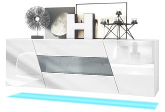 Vladon Sideboard Houston, Made in Germany, h&auml;ngende Kommode mit 2 T&uuml;ren & 3 Schubladen, Wei&szlig; matt, Wei&szlig; Hochglanz, mittlere Schublade Grau Hochglanz, inkl. L