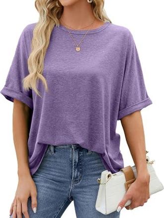 Generic T-shirt surdimensionné à manches courtes pour femme, coupe ample, col rond, couleur unie, t-shirt dentraînement Y2K, chemisier décontracté, violet, M