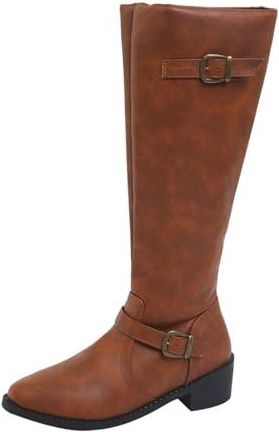 Generic Bottes montantes pour femme - Larges mollets - Style d&eacute;contract&eacute; - &Eacute;l&eacute;gantes - Couleur unie - Talon &eacute;pais - Boucle - Fermeture &eacute;clair lat&eacute;rale - Confo