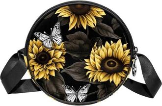 Generic Petit sac &agrave; bandouli&egrave;re rond pour femme, motif tournesol avec fermeture &eacute;clair, bretelles r&eacute;glables, style d&eacute;contract&eacute;, pour femmes et filles