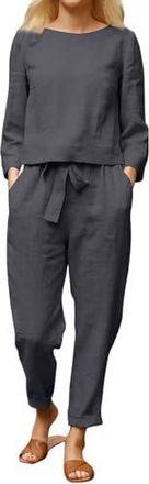 Generic Co Ord Ensembles pour femmes V&ecirc;tements de couleur unie Haut pliss&eacute; &agrave; manches longues et pantalon ample &agrave; jambe large Costume d&eacute;contract&eacute; Ensemble de s