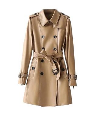 Generic Veste en cuir pour femme - Automne Hiver Noir Double Boutonnage Classique Slim Ceinture Mouton Long Trench Coat, kaki, S