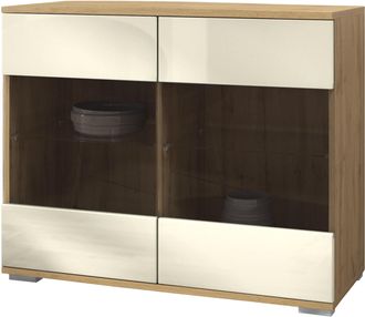 Vladon Kommode Bari V3, Moderner Küchenschrank mit 2 großen Glastüren Eiche Evoke/Creme Hochglanz (92,5 x 75.5 x 35)