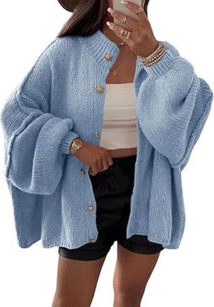 Generic Chandail &eacute;pais boutonn&eacute; &agrave; manches lanternes pour femmes, pull en tricot boutonn&eacute; &agrave; col montant, manteau surdimensionn&eacute;, bleu, L