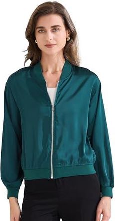 Allegra K Blouson En Satin Femme Chic et Élégant Veste Bomber Zippée à Manches Longues Vêtement dExtérieur Décontracté et Léger Bleu Vert XL