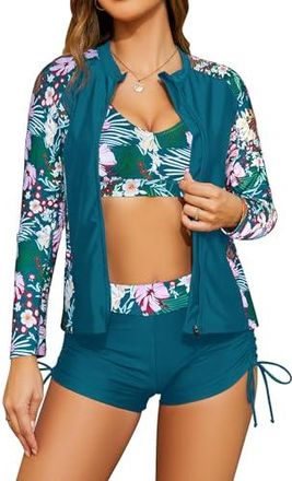 SHEKINI Maillot de bain 3 pièces Rash Guard à manches longues avec cordon de serrage pour femme, Paon bleu et rose fleur, XL